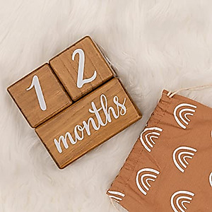 Pondering Pine Baby Milestone Blocks - Natural Pine Wood with Weeks Months Years Grade - Milestones Age Block Set with Boho Rainbow Bag, Newborn Weekly Monthly First Year Picture Props, Earth Friendly