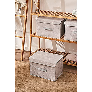 SamiTime Large Foldable Storage Orangizer Bins Boxes with Lids Cover, Fabric Storage Baskets Containers Cube with Cover for Home Bedroom Closet Office Nursery (Gray Linen)