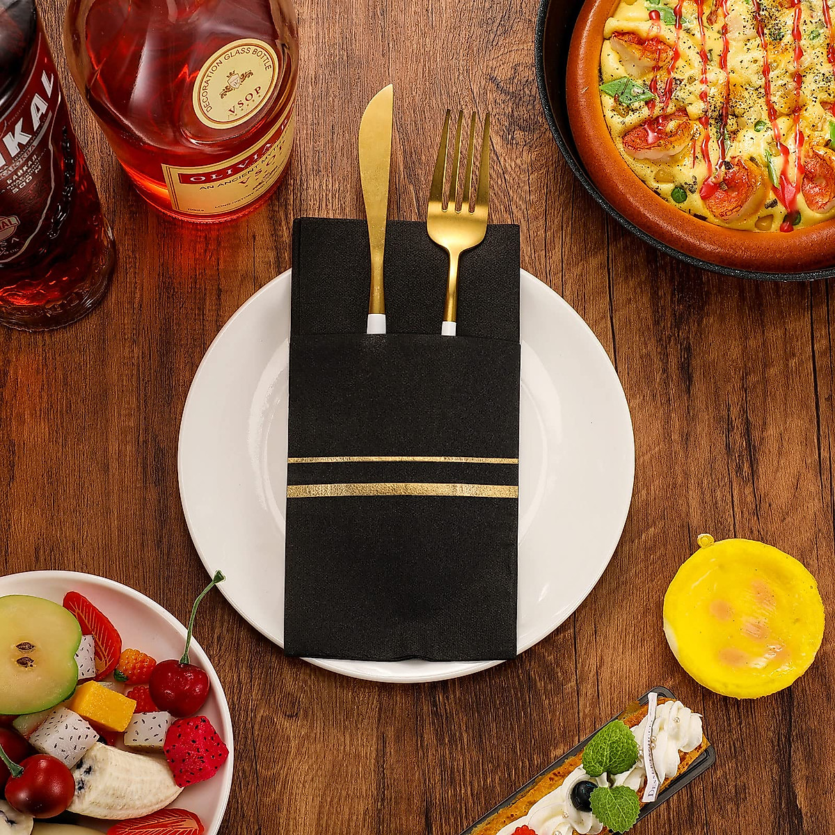 Roshtia 50 Pack Dinner Napkins Disposable Linen Feel Dinner Napkins with Built-in Flatware Pocket Gold Trim Lined Pre Folded Paper for Wedding Party (Black,Gold)