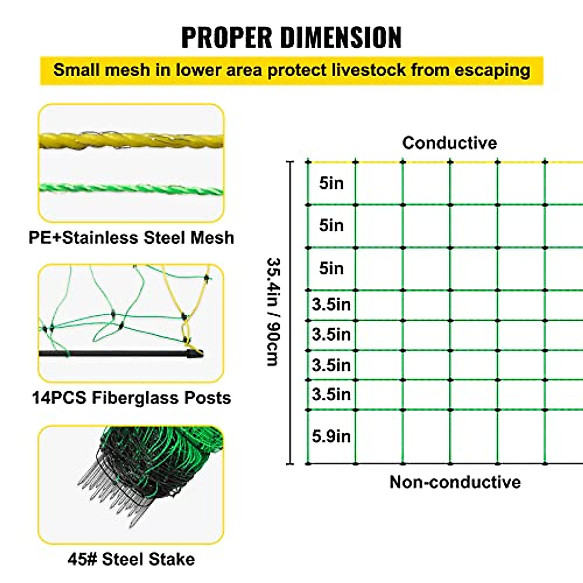 VEVOR Electric Fence Netting, 35.4" H x 164' L, PE Net Fencing with 14 Posts Double Spiked, Utility Portable Mesh for Goats, Sheep, Lambs, Deer, Hogs, Dogs, Used in Backyards, Farms and Ranches, Green