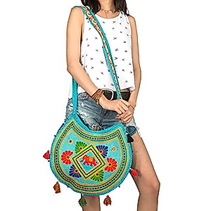 Tribe Azure Fair Trade Hippie Sling Handmade Crossbody Bag Boho Chic Patchwork Embroidered Shoulder Purse Gypsy Blue