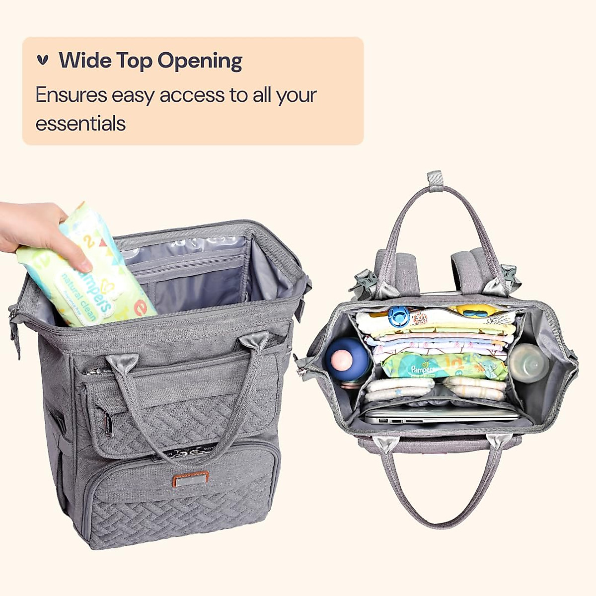 BabbleRoo Diaper Bag Backpack, Multifunction Large Bags with Changing Pad & Stroller Straps & Pacifier Case, Unisex Stylish Travel Back Pack Nappy Changing Bag for Moms Dads (gray)