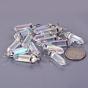 Aqua Aura Clear Quartz Gemstone Hexagonal Pointed Reiki Chakra Pendant Genuine Leather Necklace 18"