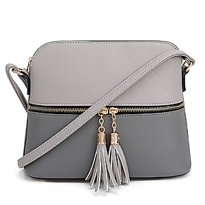 SG SUGU Lunar Lightweight Medium Dome Crossbody Bag Shoulder Bag with Double Tassels | Zipper Pocket | Adjustable Strap|Gray/Dark Gray