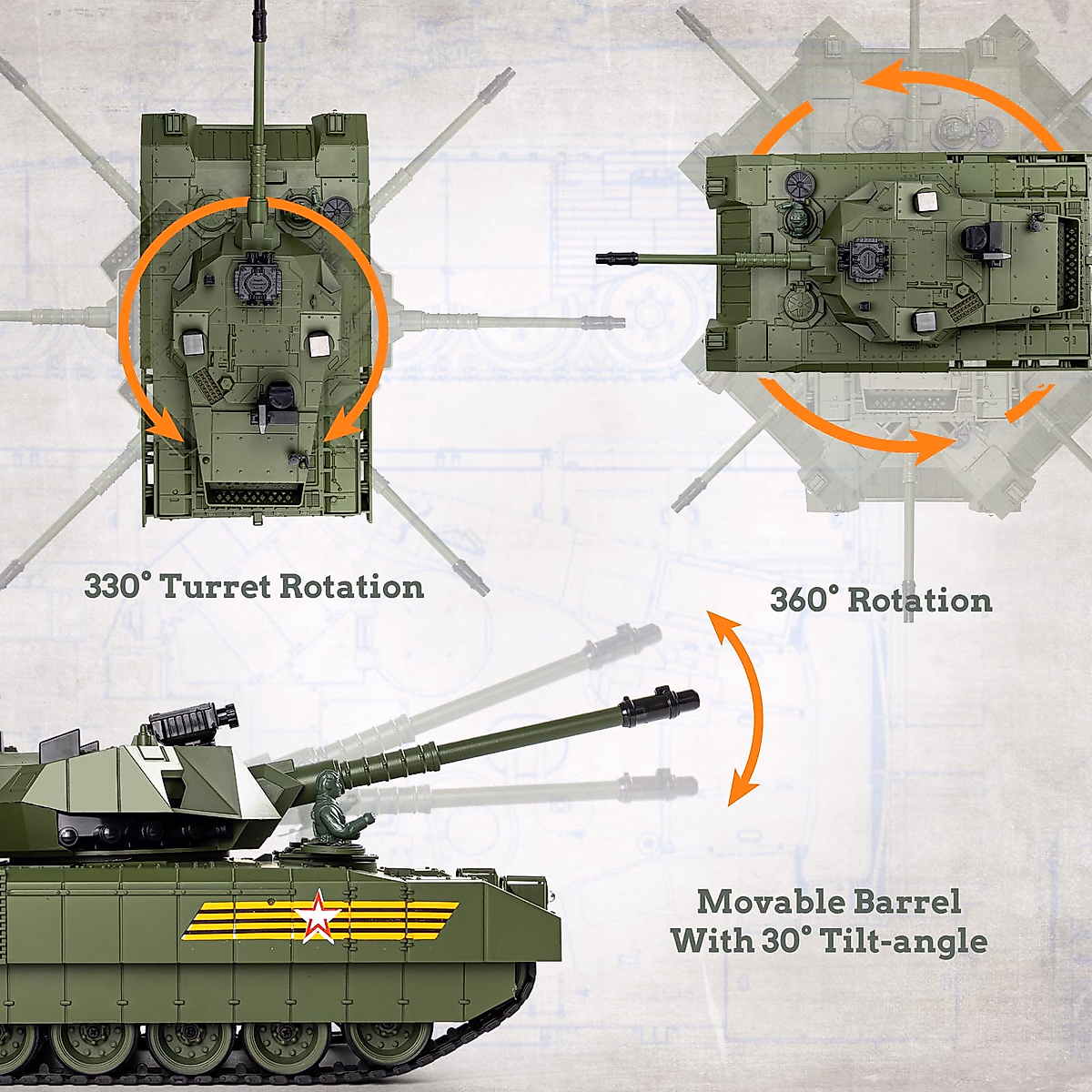 Supdex 1:18 RC Tank, 2.4Ghz Russia T-14 Remote Control Tank Model Toys, 15 Channel Battle Army Tank with Smoke Effects, Light and Sound, Military Toy for Adult, Kid That Shoots BBS and Water Bombs