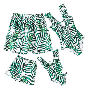 IFFEI Mommy and Me Swimsuit One Piece Leaves Printed Ruffle V Neck Bathing Suits Family Matching Swimwear Green Women: M