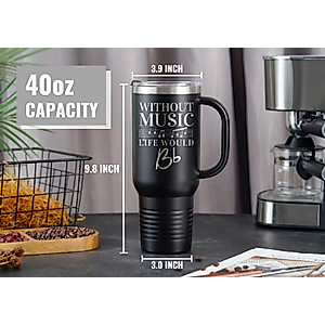 Onebttl Music Lover Gifts For Men, Women - Without Music Life Would B Flat - 40oz/1180ml Stainless Steel Insulated Tumbler with Handle, Straw & Lid - Musician Gifts, Musical Lovers Gift (Black)