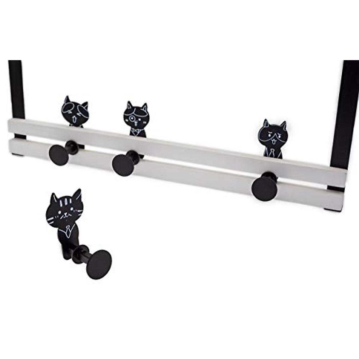 Creathome Over The Door Rail with 4 Peg Hooks, Lovely Cat Pattern, Black and White Style