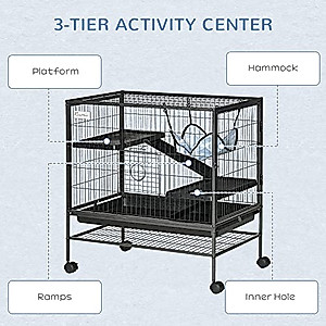 PawHut Small Animal Cage with Hammock, 3 Tiers Ferret Cage with Storage Shelf, Chinchilla Cage Sugar Glider Cage, Strong Metal Wire, Removable Tray