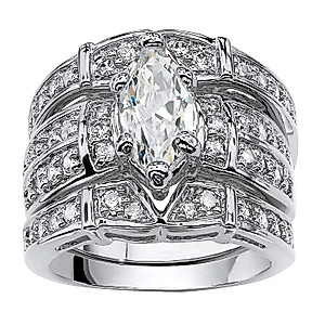 PalmBeach Jewelry Yellow Gold-Plated or Silvertone Marquise Cut Cubic Zirconia Bridal Ring Set Size 7