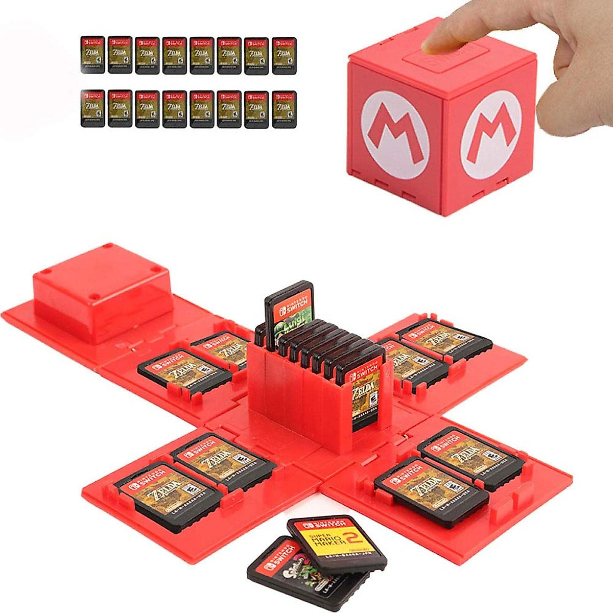 AOOF Game Card Storage Box Portable Game Card Box Openable Square Storage Box 16 Game Card Slots Applicable Model: Switch, Essential for Travel Mario Mushroom Head Red 16 Pack