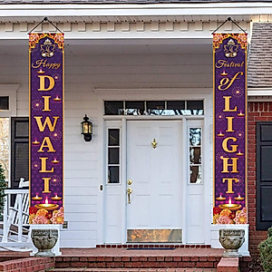 KYMY Happy Diwali Porch Banner, Polyester Durable India Diwali Door Sign, Festival of Lights Rangoli Hanging Banner for Diwali Party Decorations Indian Festival Party Supplies Indoor & Outdoor