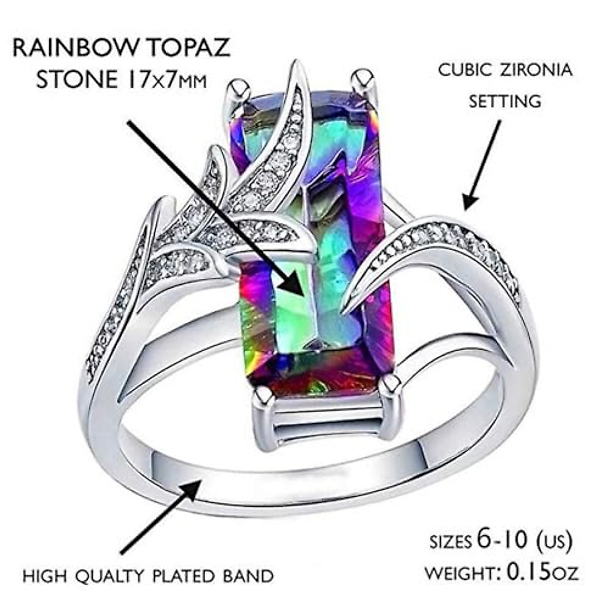 The Black Pearl, LLC Created Rectangular Rainbow Fire Mystic Topaz Ring with Silver Plated Band (8)