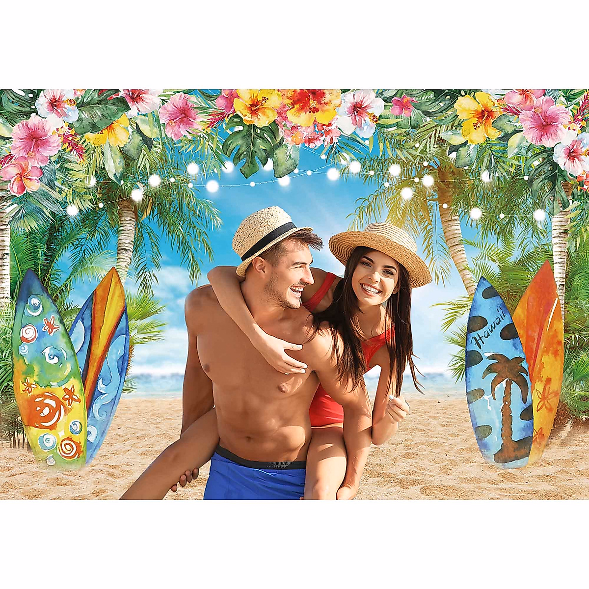 Felortte 7x5FT Polyester Fabric Summer Hawaiian Beach Backdrop Sky Ocean Tropical Flower Palm Leaves Surfboard Photography Background for Luau Aloha Party Decoration Banner Picture Photo Booth2