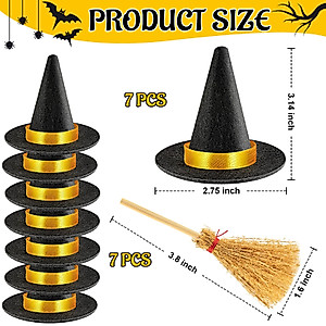 ZHWKMYP 14Pcs Mini Witch Hat, Small Witch Hats for Crafts, Felt Witch Hats and Brooms for Halloween Handmade Wine Bottle Party Decor