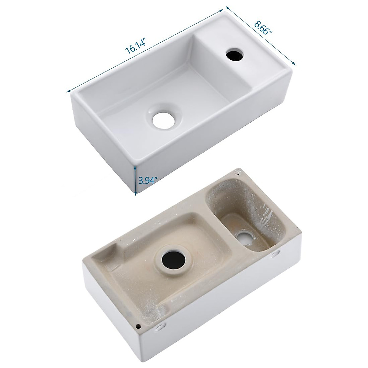 Wall Hung Basin Sink Small Cloakroom Basin Sink, Wall Mount Rectangle Ceramic Wash Basin Small Right Hand Vessl Bain Sink Set With Faucet&Drain For Bathroom