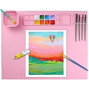 Queceuy Silicone Painting Mat，20"X16"Silicone Art mat with 1 Water Cup ，Handmade erasable Washable，for Resin, DIY, Clay, Play Doh Silicone Drawing mat for Children（Pink）
