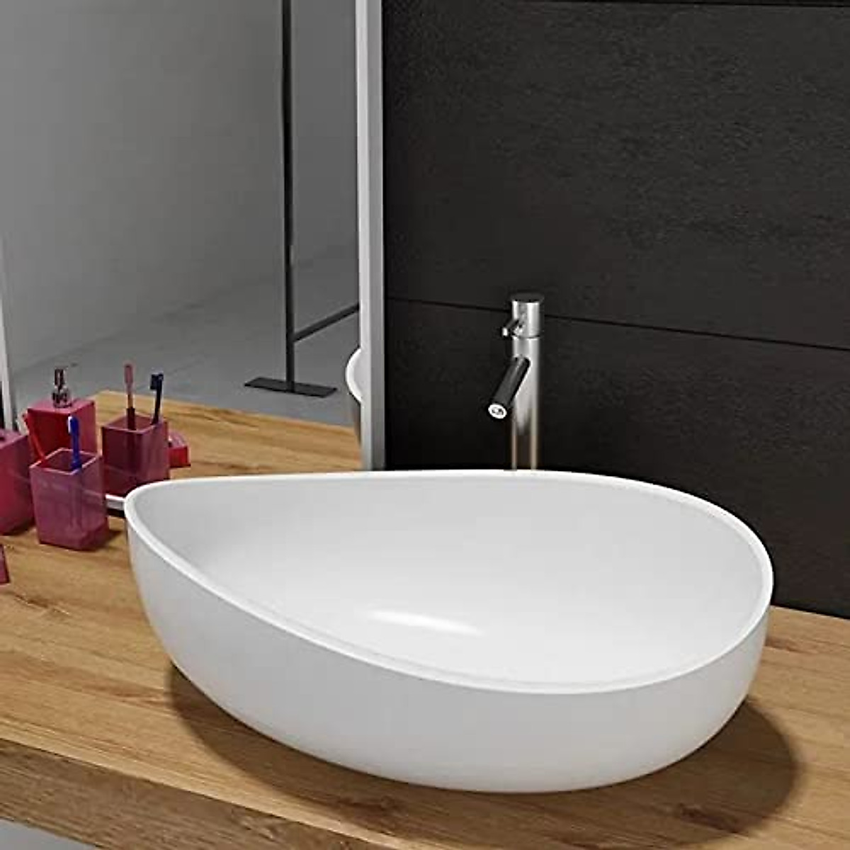 Weibath Oval Vessel Sink Stone Resin Bathroom Sink Modern Art Sink Matte White with Pop Up Drain (Glossy White)