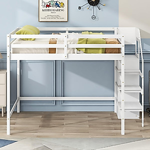 Harper & Bright Designs Full Size Loft Bed with Wardrobe and Staircase, Wooden Full Loft Bed Frame, High Loft Bed for Kids Teens Adults, White