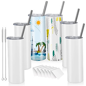8 Pack Sublimation Tumbler - 20 oz Tumbler with Lid and Straw Insulated Tumbler Skinny Double Wall Tumbler Cups Travel Coffee Mug Stainless Steel Vacuum Mug with Metal Straw,Leak-Proof Lid,Shrink Wrap