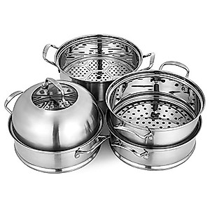 VEVOR 5-Tier Stainless Steel Food Steamer, 11'' Steaming Cookware Saucepot Transparent Tempered Glass Lid, Work with Gas, Electric, Induction Oven, Grill Stove Top, Dishwasher Safe