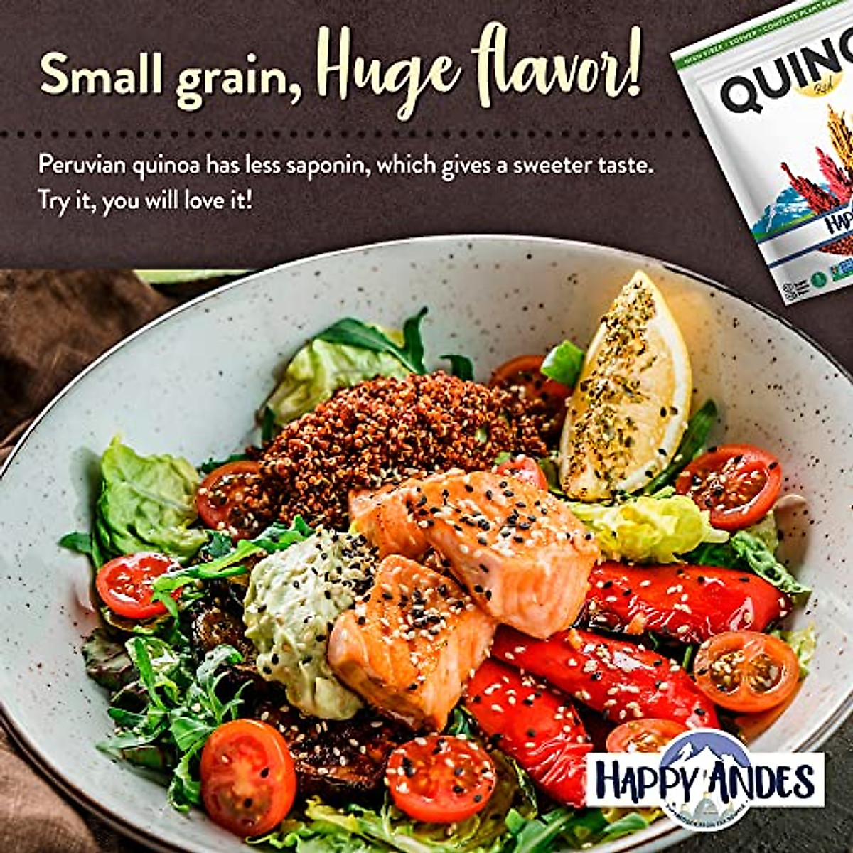 Happy Andes Red Organic Quinoa 3 lbs -Non-GMO,100% Peruvian, Superior taste,Gluten-free,rice replacement, Pre-washed, whole grain, USDA-certified, Complete Plant Protein, superfoods Peru, high in fiber&iron, kosher.