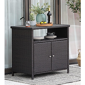 Grand patio Wicker Storage Cabinet Outdoor Waterproof Buffet Cabinet Patio Bar Table with Two Doors and Shelves Wicker Sideboard for Garden Kitchen Pool Dark Brown