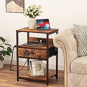 Furologee Nightstand with Charging Station, End Table with USB Ports&Power Outlets, 3-Tier Storage Shelf Tall Bedside Table, Industrial Side Table with Fabric Drawer for Bedroom/Living Room/Study