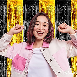 4 Pack 3.2Ft x 6.6Ft Black and Gold Fringe Curtain Backdrop, Metallic Tinsel Foil Fringe Streamers Curtains Background for Photo Booth Birthday Wedding Graduation Carnival Party Decorations