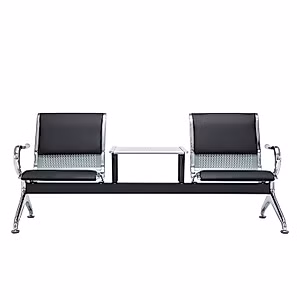 walsport Leather Waiting Room Furniture Black Chairs Reception 2 Seat with Table for Airport Seating, Office, Bank, Hospital Bench