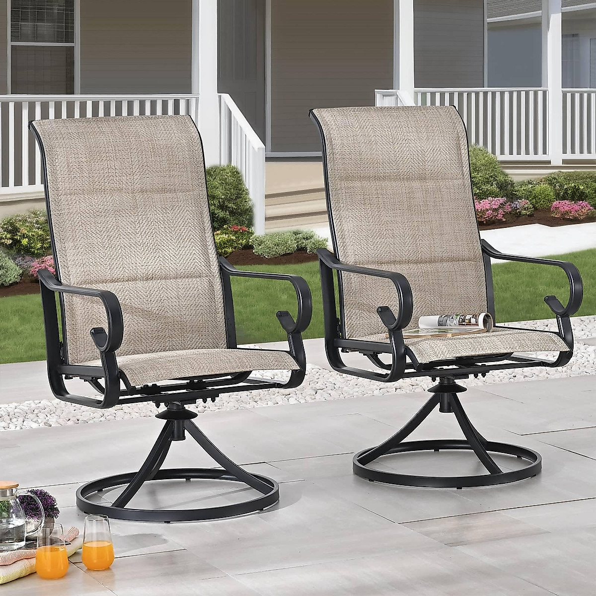 PatioFestival Patio Dining Chairs Textilene High Back Outdoor Swivel Rocker Chair Set of 2 with All Weather Frame (Khaki)