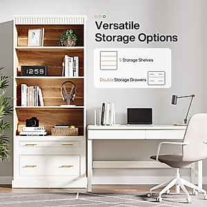 Tribesigns 5-Shelf Bookcase with File Cabinet Drawer, 72" Tall White Bookshelf, Modern Free-Standing Wood Bookcase, Large Open Display Storage Book Shelf for Living Room, Home Office, White & Oak