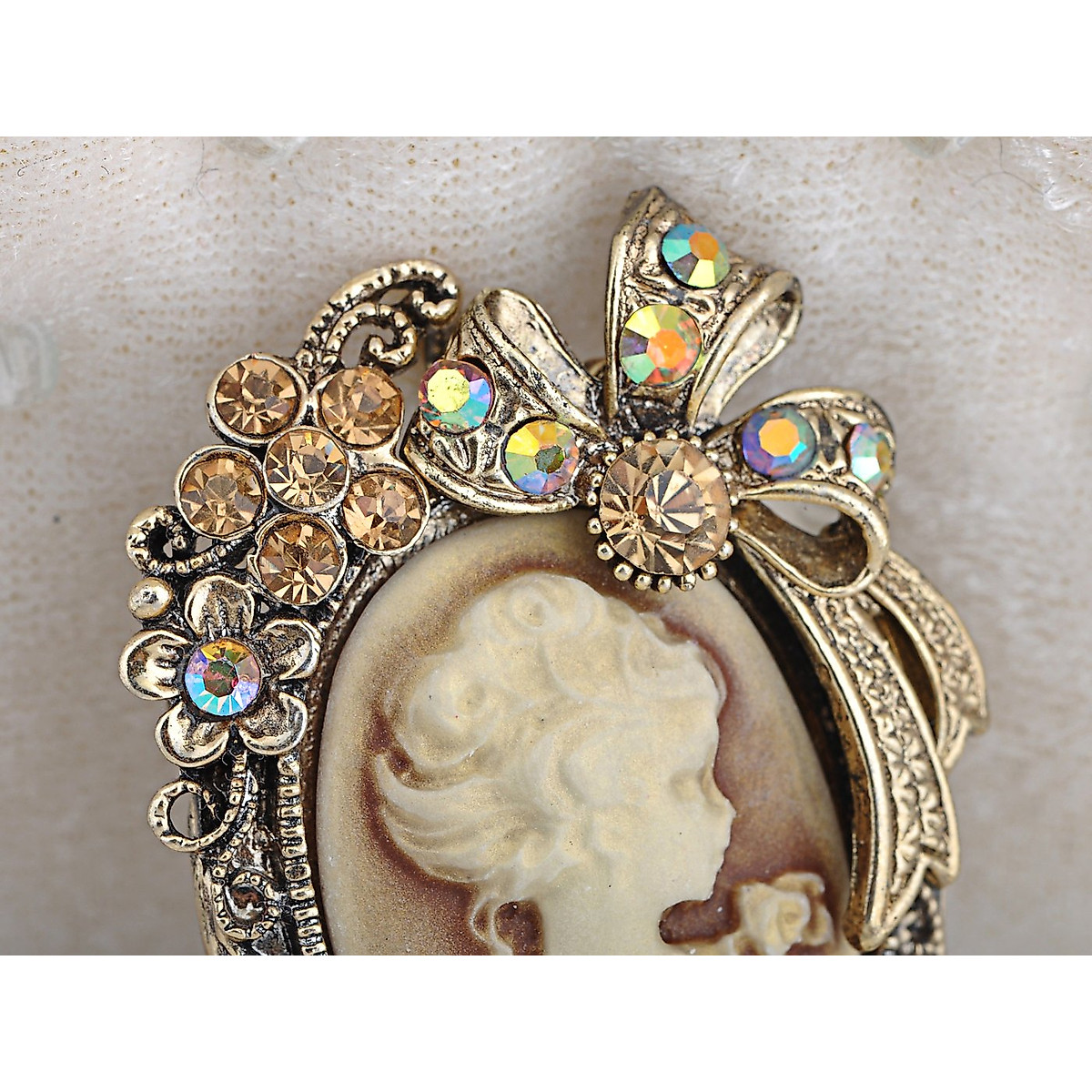 Alilang Vintage Inspired Crystal Rhinestone Victorian Lady Cameo Brooch Pin Maiden Flower Ribbon Bow Pendant