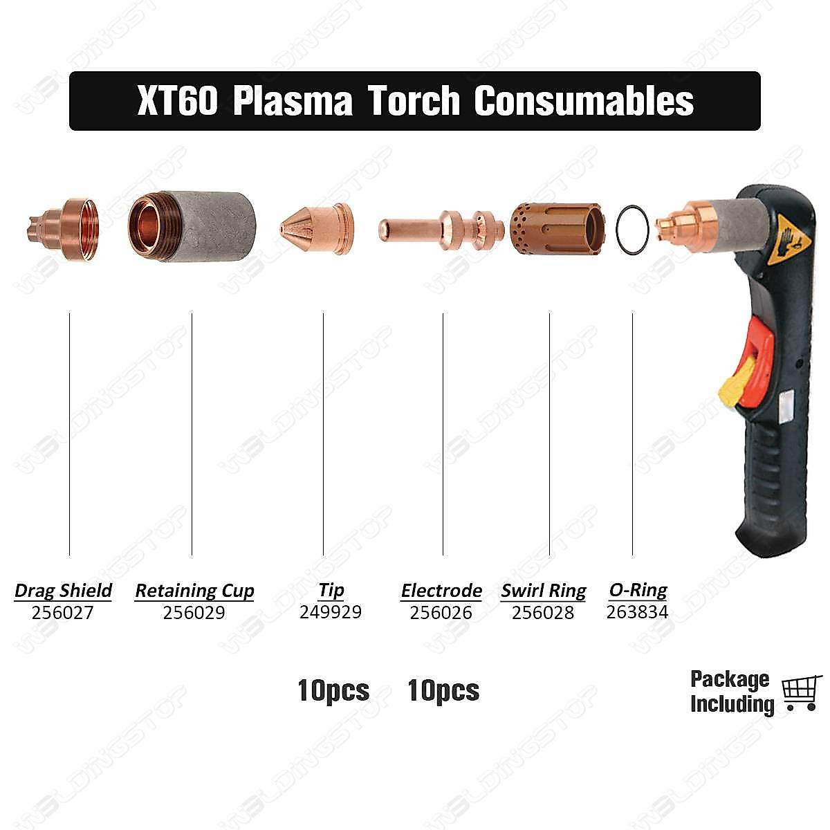 WeldingStop Electrode 256026 Tip 249929 for Miller Spectrum 875 Auto-Line Cutter XT60 Torch 60A PK-20