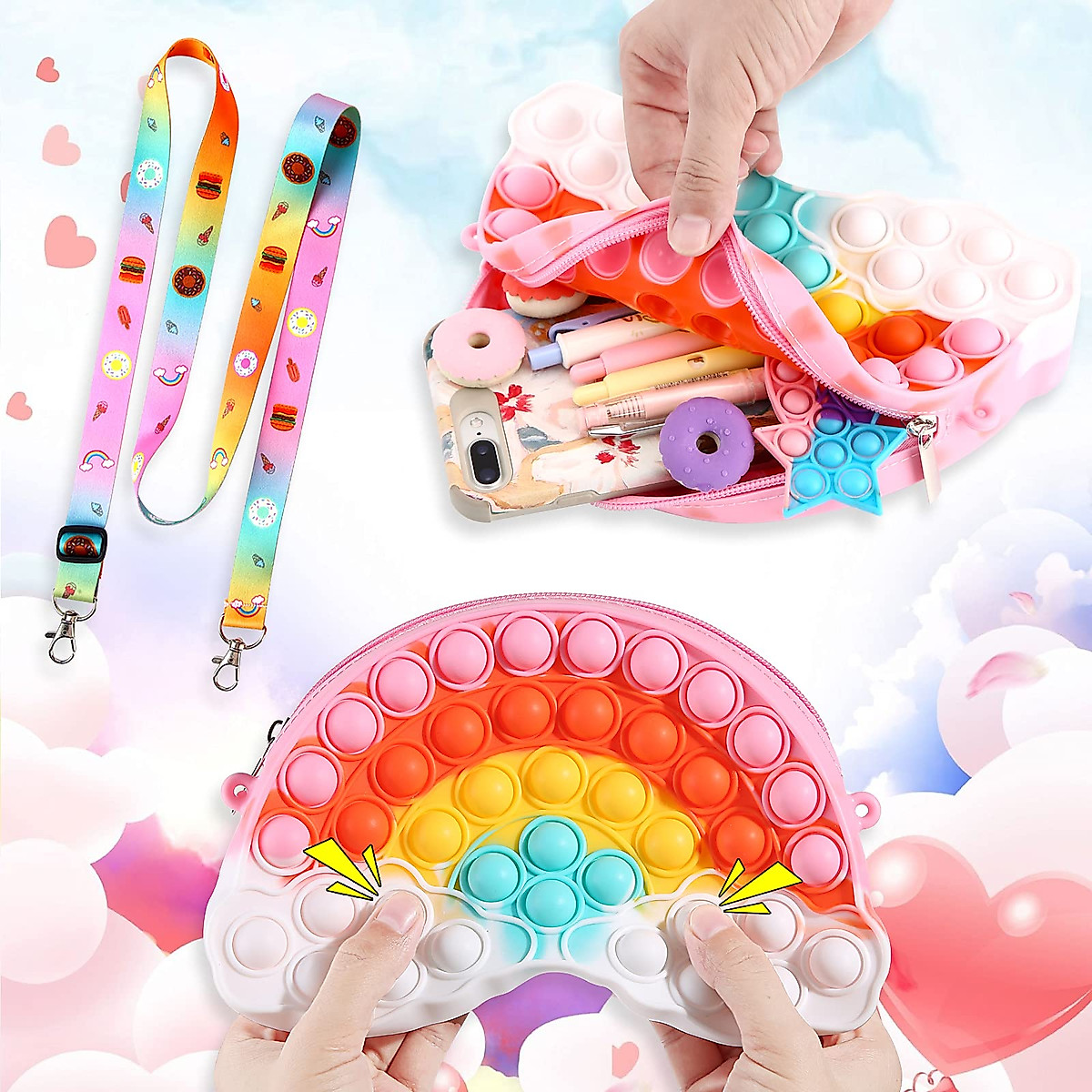 Tckoll Girls Toys Fidget Purse, Valentines Birthday Gifts Rainbow Clouds Girls Pop Purse Fidget Toy,School Supplies Teen Kids Purse Return Gifts for Girls 6-8