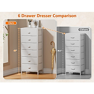 Furnulem White Tall Dresser for Bedroom,Vertical Storage Tower Unit and End Table with 6 Drawers, Nightstand Furniture with Fabric Drawer Organizer in Living Room,Closet,Entryway,Hallyway
