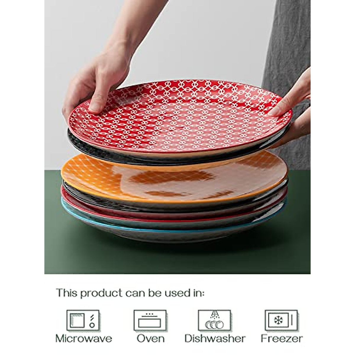 DOWAN 10" Colorful Dinner Plates - Set of 6, Large Ceramic Plates for Salad, Pasta, Pancakes, Steak - Serving Plates for Party, Wedding, Easter, Restaurant, Picnic - Dishwasher & Microwave Safe