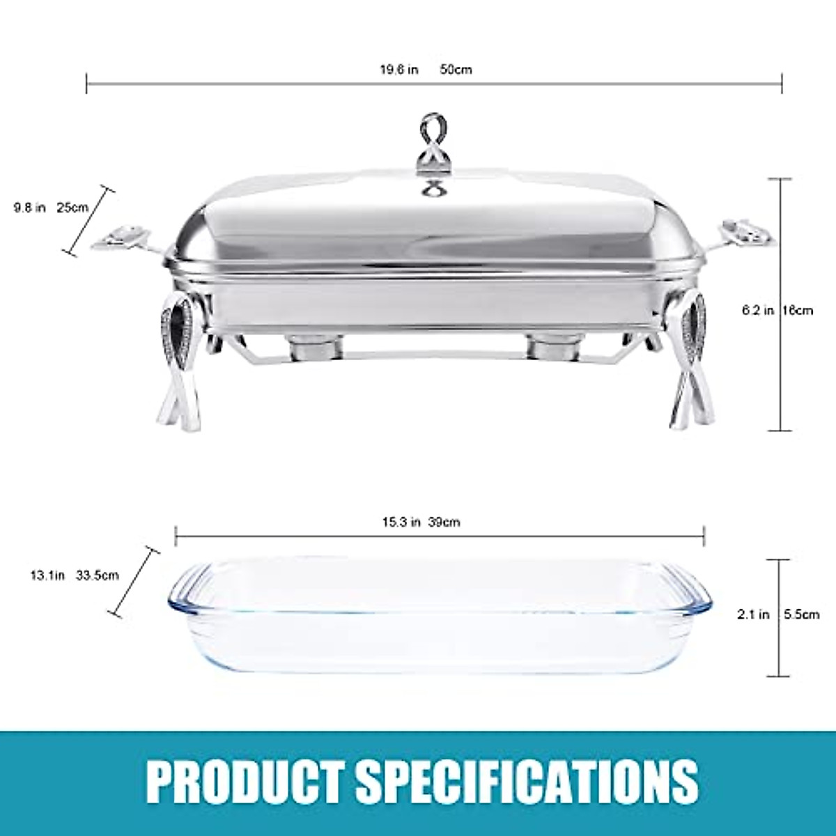 ORDINNER KIT Chafing Dish Buffet Set Server Stainless Steel Chafing Dishes Oven Safe Glass Rectangle Food Warmer for Parties 2.9L