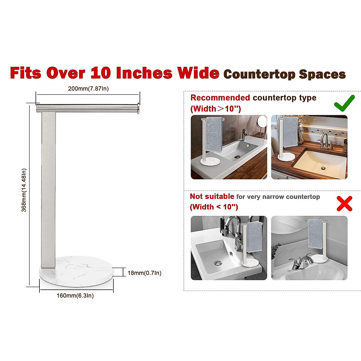 Siyzda Hand Towel Holder Stand for Bathroom, L- Shaped Standing Hand Towel Rack, Towel Bar Kitchen Vanity Countertop Organizer, SUS304 Stainless Steel Material (Marble Base, Brushed Nickel)