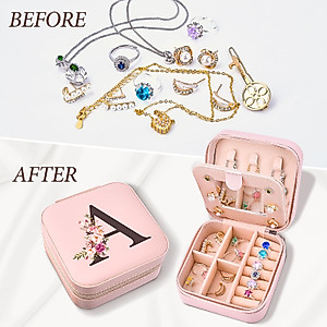 Stocking Stuffers for Women Teens, Christmas Gifts for Teen Girls Trendy Stuff Travel Jewelry Box Case Organizer Personalized Birthday Gifts Easter Basket Stuffers Mothers Day Mom Gifts, Initial A