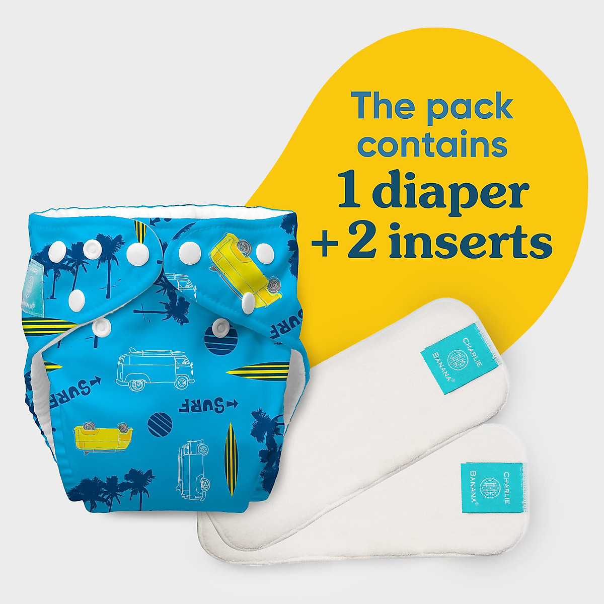 Charlie Banana Baby Washable and Reusable Cloth Diapers, 1 Soft Pocket Diapers and 2 Absorbent Inserts, One-Size, Malibu