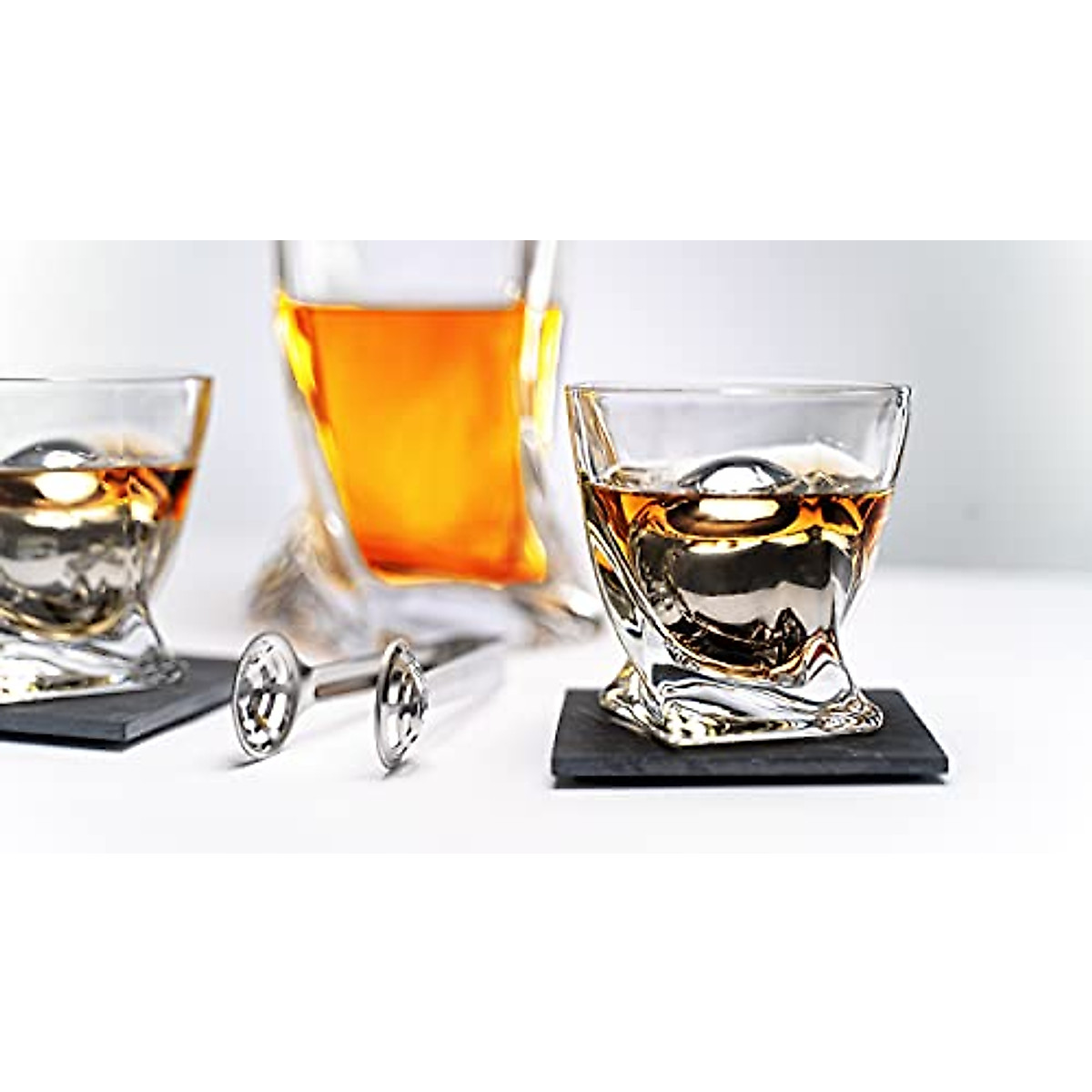 Whiskey Stones & Decanter Gift Set for Men & Women, By The Wine Savant, 2 XL Stainless Steel Whiskey Balls, 2 Twist Glasses, Whiskey Decanter, 2 Coasters, Freezer Pouch & Special Tongs in Pinewood Box