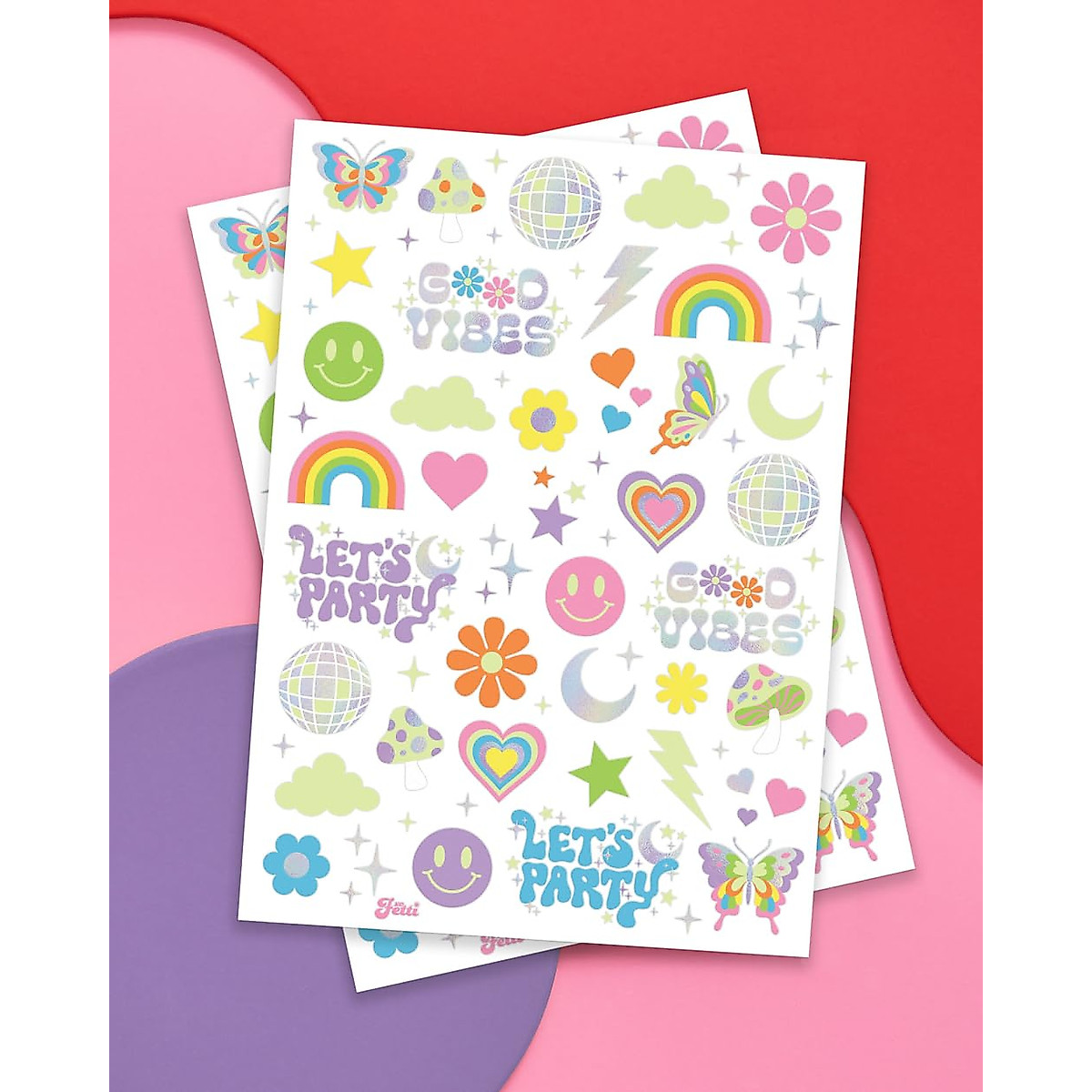 xo, Fetti Groovy Disco Glow in Dark + Foil Temporary Tattoos - 82 pc | Flower Power Birthday Party Supplies, Rave Bachelorette Party Favors, Smiley Decorations, Y2K, Rainbow Arts and Crafts