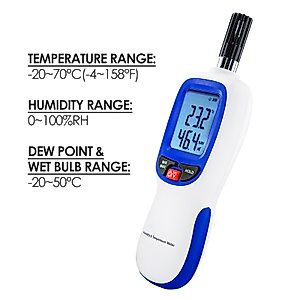 Gain Express Digital Humidity & Temperature Meter Hygrometer Psychrometer, Dew Point and Wet-Bulb Temperature Range -4~158°F, Humidity Range 0~100% RH, Min/Max Hold, LCD Backlight
