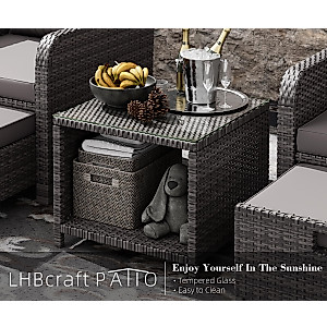LHBcraft Balcony Furniture 5 Piece Patio Conversation Set, PE Wicker Rattan Outdoor Lounge Chairs with Soft Cushions 2 Ottoman&Glass Table for Porch, Lawn-Grey Wicker (Grey-Grey)