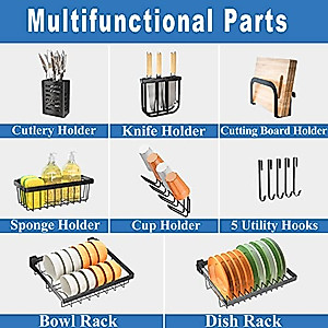 SAYZH Dish Drying Rack, Over The Sink Dish Drying Rack Adjustable (from 26" to 34"), 2 Tier Dish Rack with Utensil Holder Sink Caddy Stainless Steel Dish Drainer for Kitchen Counter, Black