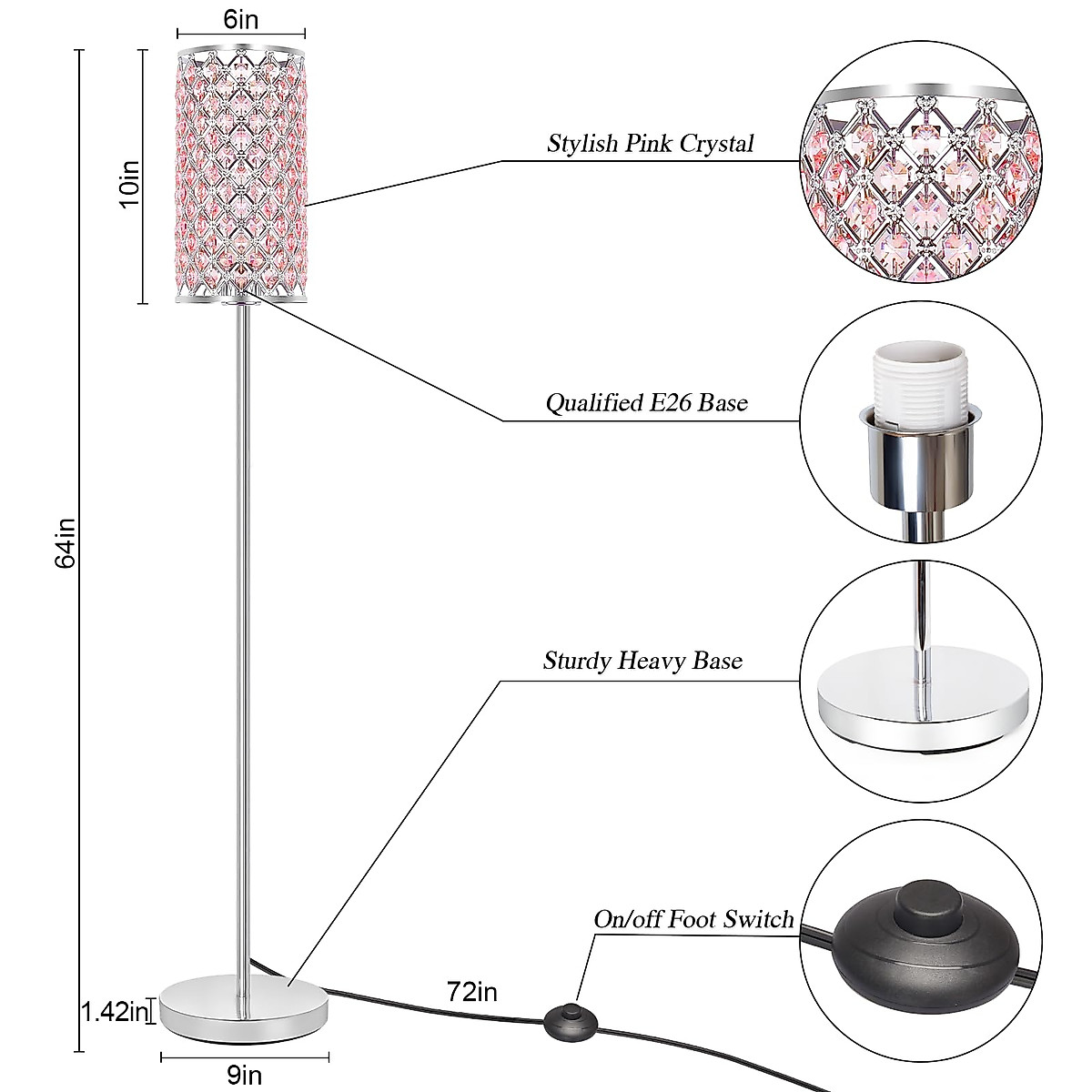 Crystal Floor Lamp for Bedroom, Silver Floor Lamp with Pink Shade, Girls Floor Lamp with On/Off Foot Switch, Elegant Standing Light Tall Pole Lamp for Living Room, Dresser, Office (E26 Base)