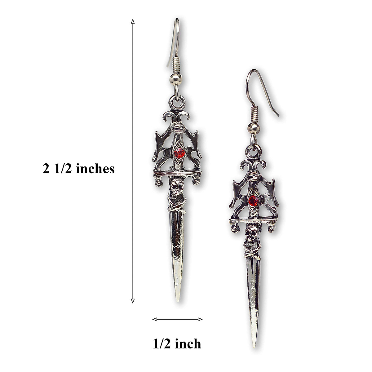 Gothic Skull Dagger Medieval Renaissance Dangle Earrings with Red Austrian Crystals