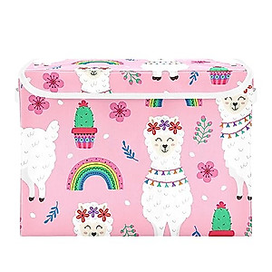 DOMIKING Pink Llama Rainbow Storage Basket with Lid Collapsible Storage Bins Decorative Lidded Storage Boxes for Toys Organizers with Handles for Pet/Children Toys Clothes Nursery