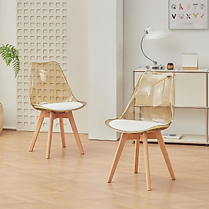 Ailatimogo Dining Chairs Set of 4, Modern Dining Chairs Upholstered, Acrylic Kitchen Dining Room Chairs with Wooden Chairs Legs, High Back Rest-Shell Tulip Chairs for Living Room, Bedroom-Amber